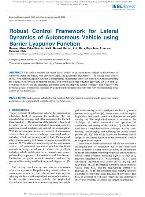 PDF Robust Control Framework For Lateral Dynamics Of Autonomous Vehicle Using Barrier Lyapunov