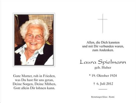 Erinnerung An Laura Spielmann Trauerportal Bestattungen Klaus Füssen