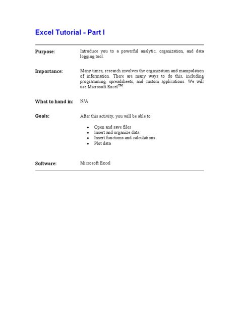 Excel Tutorial Part I Purpose Pdf Spreadsheet Microsoft Excel