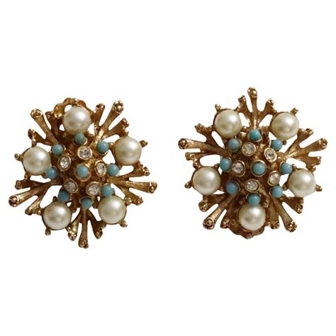 Vintage Gold Tone Diamante And Faux Turquoise Earrings Circa 1960s For