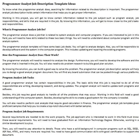Programmer Analyst Job Description Template Ideas Room