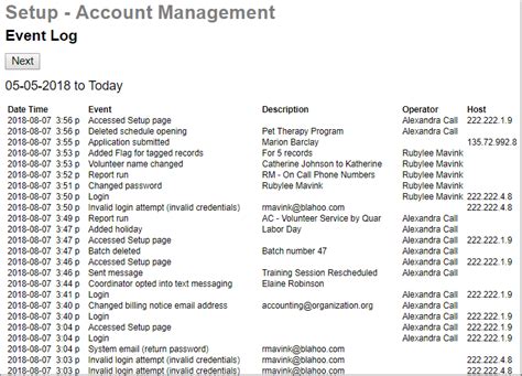 Event Log Overview Volgistics Help