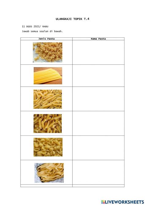 Jenis Pasta Worksheet Live Worksheets