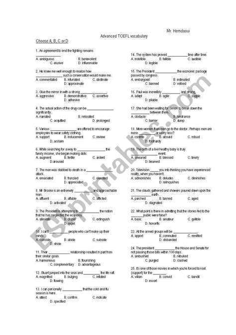 Advanced Toefl Vocabulary Esl Worksheet By Abdel