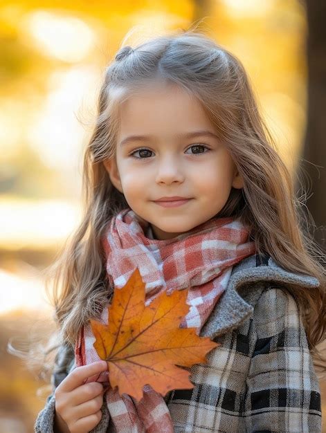 Handsome Cute 7 Years Old Girl In The Fall Season Autumn Landscape
