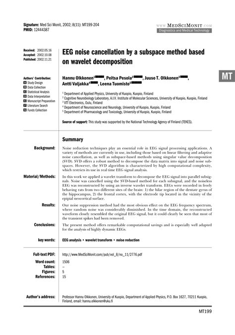 Pdf Eeg Noise Cancellation By A Subspace Method Based On Wavelet