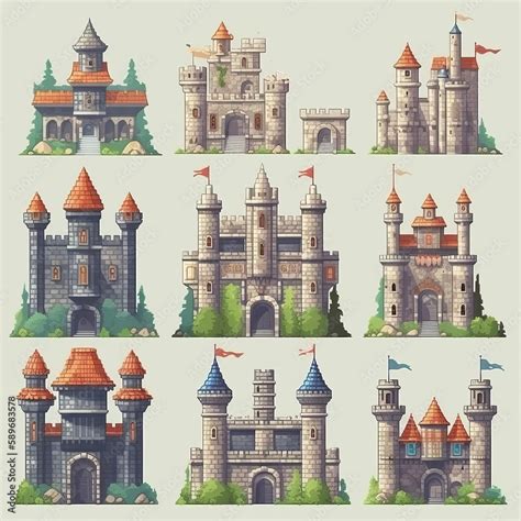 Set Sprite Of Castle In Pixel Art Style Suitable For Gaming Assets