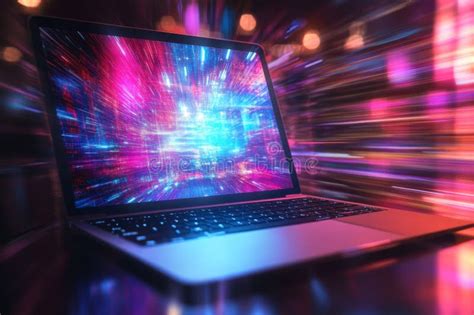 Laptop Showing Futuristic Data Flowing On Screen In Blurred Background