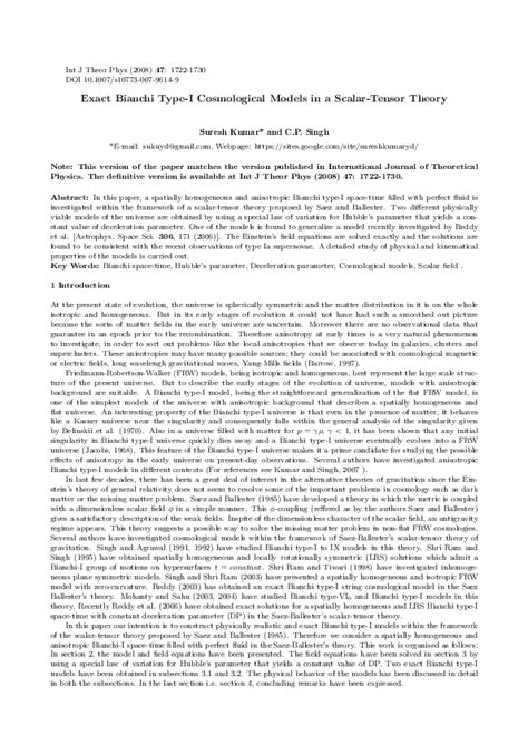 Pdf Exact Bianchi Type I Cosmological Models In A Scalar Tensor Theory