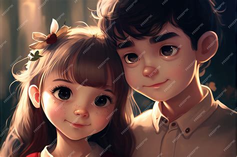 사랑에 빠진 귀여운 소녀 귀여운 소년 만화 Generative Ai 프리미엄 사진