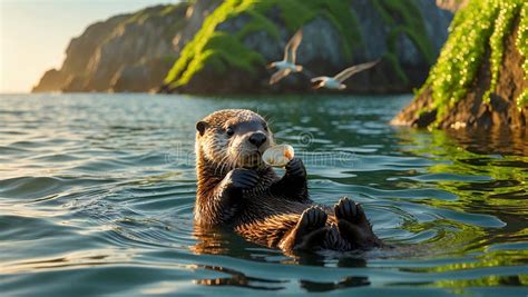 Adorable Sea Otter Enjoying A Shellfish Meal In Ocean Sunset Stock
