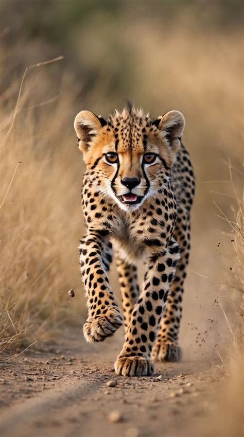 Cheetah Cub Playfully Chasing Its Mother Through Tall Grass In The Wild