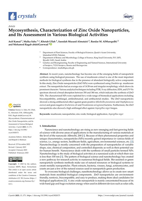 Pdf Mycosynthesis Characterization Of Zinc Oxide Nanoparticles And Its Assessment In Various
