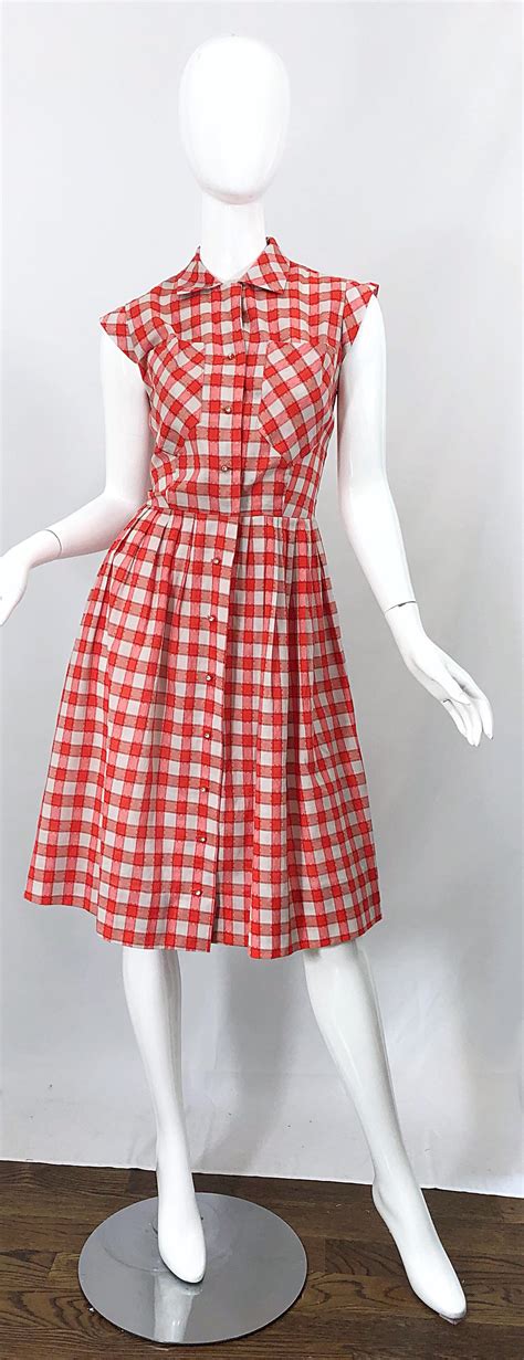 Rare 1950s Red White Checkered Rhinestone Vintage 50s Cotton Dress At