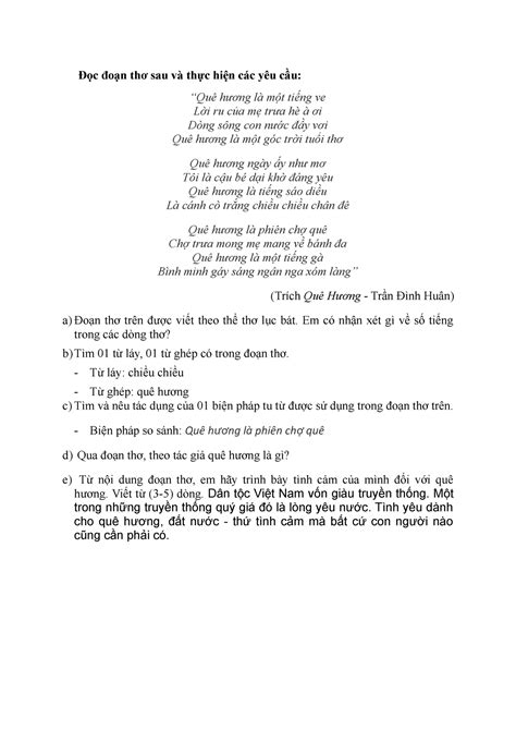 ĐỌc HiỂu ThƠ Thow Đọc đoạn Thơ Sau Và Thực Hiện Các Yêu Cầu