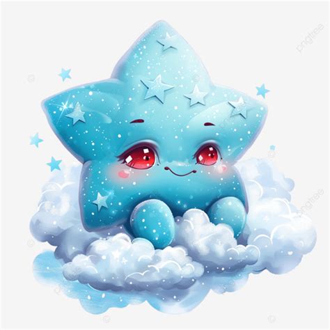 Cute Blue Star Sitting On Clouds With Red Eyes Star Clouds Blue Png
