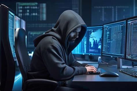 premium photo hacker programmer who sits in a hoodie behind a