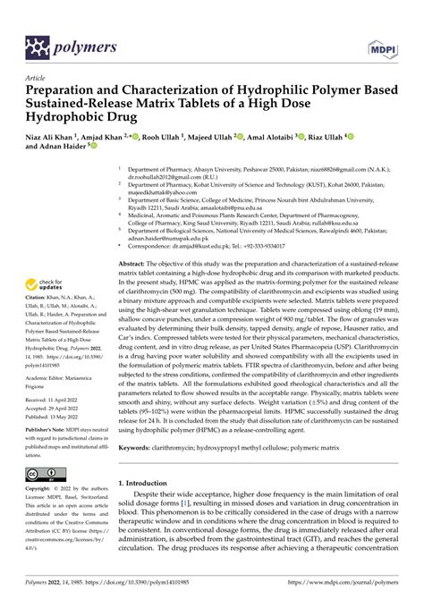 Pdf Preparation And Characterization Of Hydrophilic Polymer Based Sustained Release Matrix