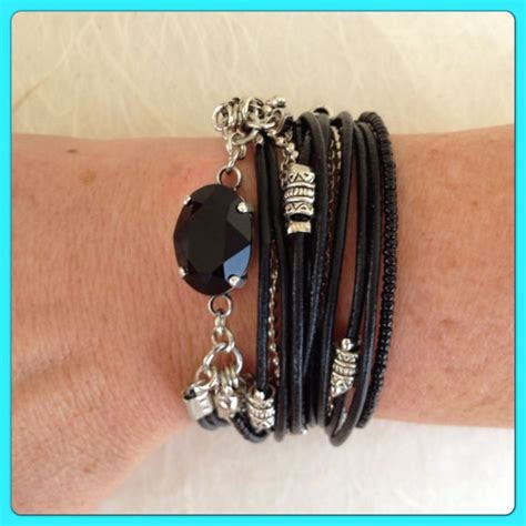 Boho Endless Black Leather Wrap Bracelet With Swarovski Etsy Black