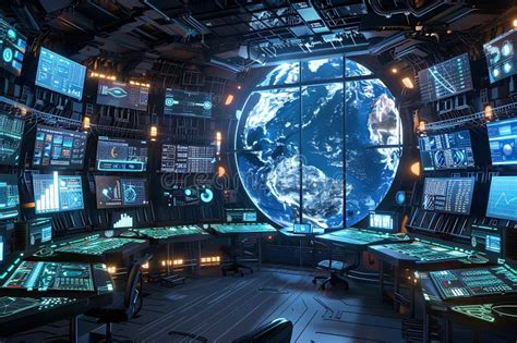 Futuristic Command Center With Global Monitoring System Stock