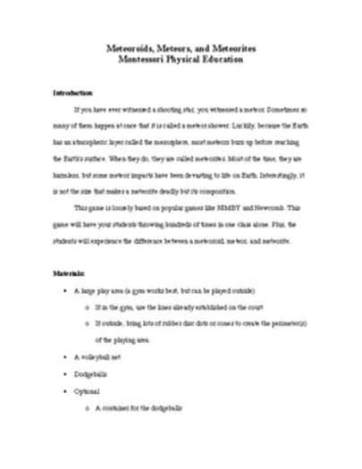 Meteoroid Meteor Meteorite By Montessori Physical Education Tpt