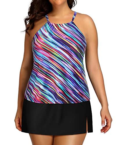 Two Piece Plus Size With Skirt Tummy Control High Neck Tankini Color O