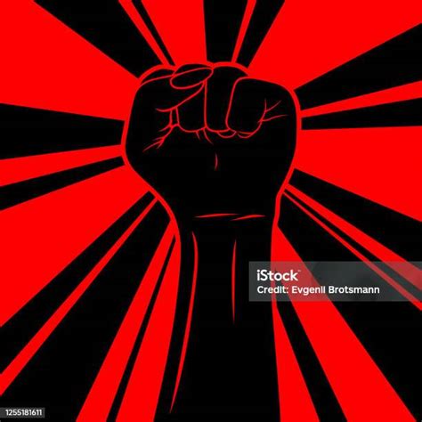 빨간색과 검은 색 태양 광선배경에 주먹을 꽉 쥐고 검은 손을 들어 올렸다 복고풍 스타일의 포스터 항의 힘 자유 혁명 반란 반란의 개념 간단한 흑백 일러스트레이션 높은 곳에