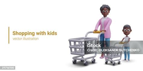 아이들과 함께 쇼핑하는 개념 어머니와 아들은 빈 쇼핑 카트를 굴립니다 3차원 형태에 대한 스톡 벡터 아트 및 기타 이미지 3차원 형태 개체 그룹 슈퍼마켓 Istock