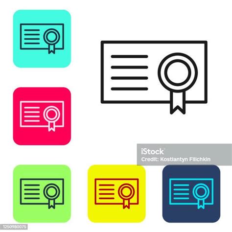 흰색 배경에 격리된 검은색 줄 인증서 템플릿 아이콘입니다 성취 수상 학위 보조금 졸업장 개념 색상 정사각형 단추로 아이콘을 설정합니다 벡터 일러스트레이션 검은색에 대한 스톡