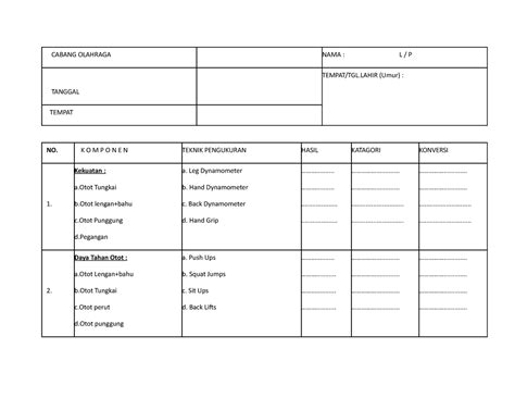 Norma Tes Kebugaran Cabang Olahraga Nama L P Tanggal Tempattgl