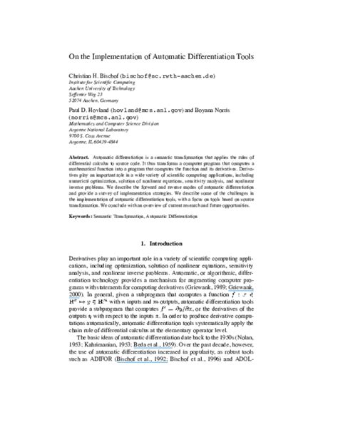 Pdf Implementation Of Automatic Differentiation Tools