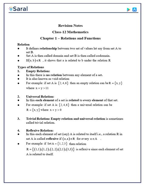 Class 12 Maths Revision Notes Chapter 1 Relations And Functions Pdf Function Mathematics