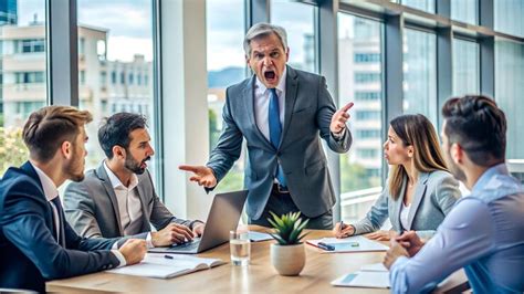 Angry Manager Boss Shouting At Group Office Meeting Scolding Employees