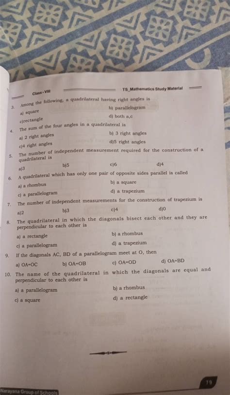 A Quadrilateral Which Has Only One Pair Of Opposite Sides Parallel Is Cal