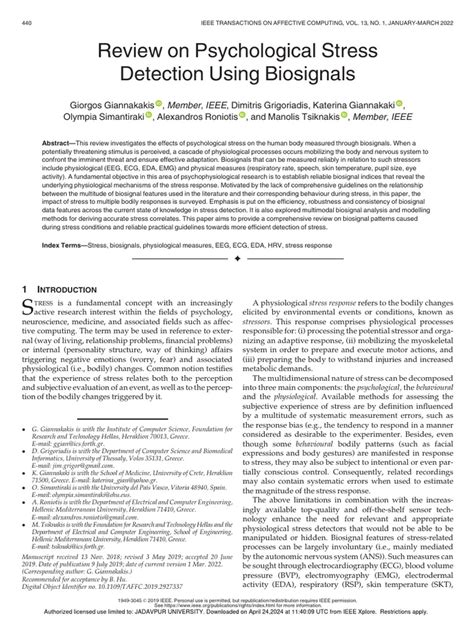 Review On Psychological Stress Detection Using Biosignals Pdf Stress Biology