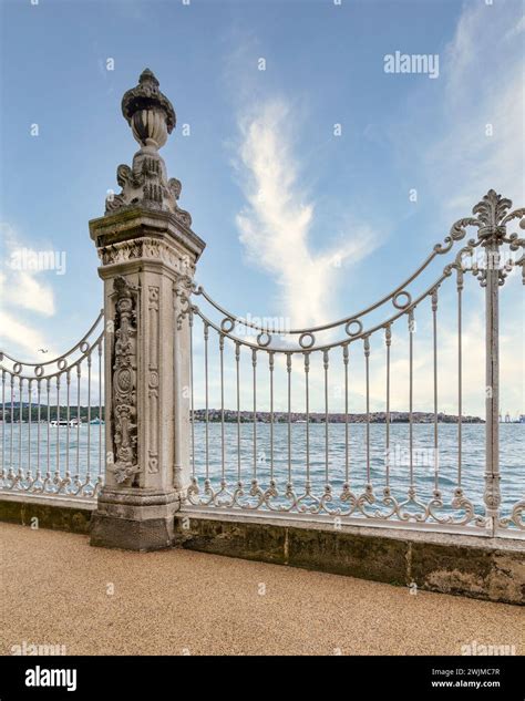 Ornate Wrought Iron Fence Decorated With Intricate Designs At The Dolmabahce Palace Overlooking