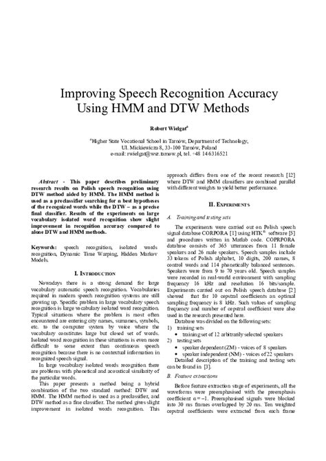 Pdf Improving Speech Recognition Accuracy Using Hmm And Dtw Methods