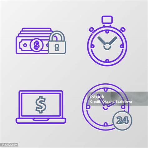 라인 시계 24시간 달러 기호가 있는 노트북 스톱워치 및 돈 아이콘을 설정합니다 벡터 0명에 대한 스톡 벡터 아트 및 기타 이미지 0명 24 24 시간 영업 표시