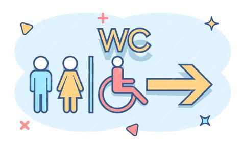 만화 스타일의 벡터 만화 화장실 화장실 아이콘 남자와 여자 화장실 기호 그림 그림 Wc 비즈니스 스플래시 효과 개념 프리미엄 벡터