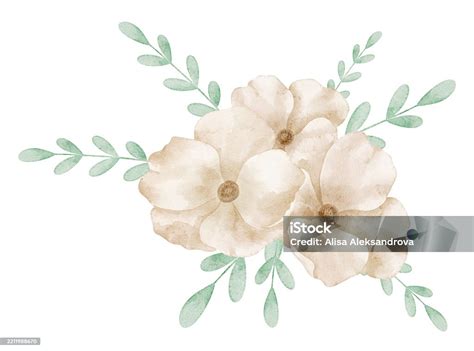 수채화 베이지 색 꽃과 부드러운 녹지가있는 꽃 구성 파스텔 꽃으로 그린 그림 유치한 문구류나 청첩장을 위한 꽃 베이비 샤워