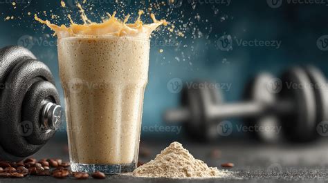 Protein Shake Splashing From Glass Near Dumbbell And Coffee Beans On