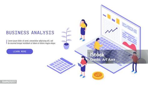 데이터 분석 비즈니스 통계 관리 컨설팅 및 마케팅 분야의 다재다능한 전문가 팀을 위한 아이소메트릭 웹 배너입니다 랜딩 페이지에 대한 벡터 그림입니다 디자인에 대한 스톡 벡터