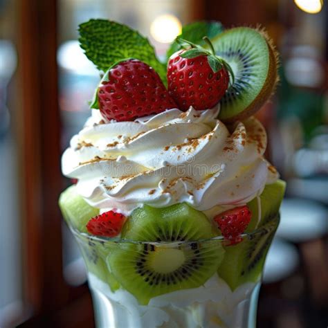 Delicious Dessert Sundae Topped With Strawberries And Kiwi In A Cafe