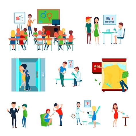 컬러 피임 콘돔 안전한 섹스 사랑 피임 아이콘은 학교 교실에서 교육으로 설정 무료 벡터