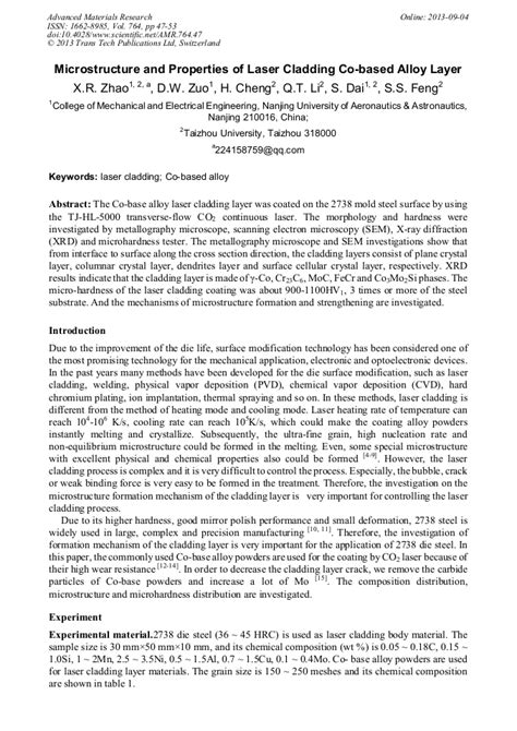 Microstructure And Properties Of Laser Cladding Co Based Alloy Layer Scientific Net