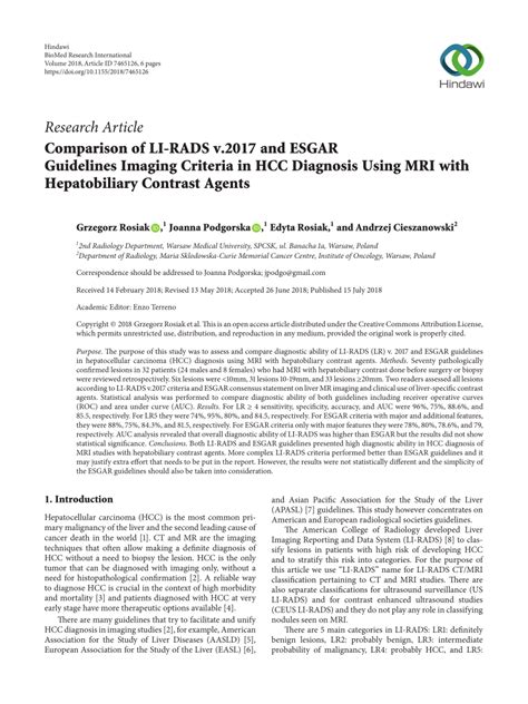 Pdf Comparison Of Li Rads V2017 And Esgar Guidelines Imaging Criteria In Hcc Diagnosis Using