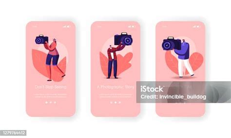 사진 과정 모바일 앱 페이지 온보드 화면 템플릿 거대한 사진 카메라 촬영 사진과 작은 문자 사진 테마에 대한 스톡 벡터 아트 및