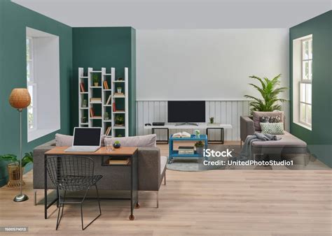 장식적인 거실 소파와 텔레비전 유닛 스타일 녹색과 흰색 벽 배경 책장 노트북이 있는 작업 테이블 식물의 의자 꽃병 0명에 대한 스톡 사진 및 기타 이미지 Istock