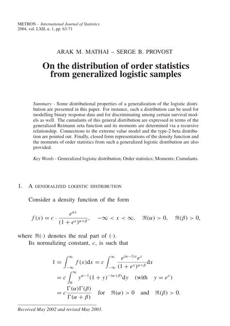 Pdf On The Distribution Of Order Statistics From Generalized Logistic Samples