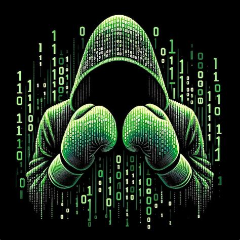 Cyber Boxer In Digital Matrix Green Hooded Figure With Binary Code